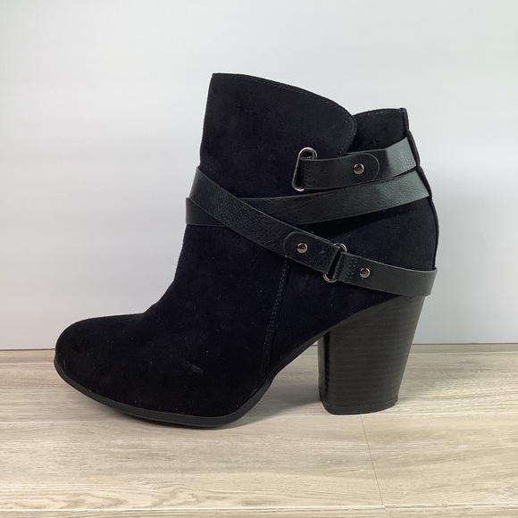 torrid | Shoes | Torrid Faux Suede Heeled Ankle Boots Bootie W Black Strappy Wide Width Goth ...